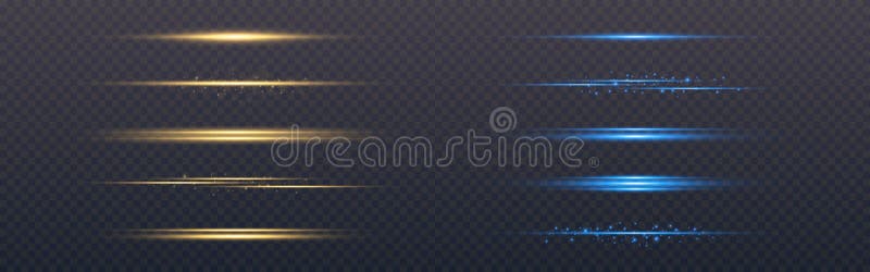 Glow Lines Collection. Gold Bright Flashes. Horizontal Glowing Beams on ...