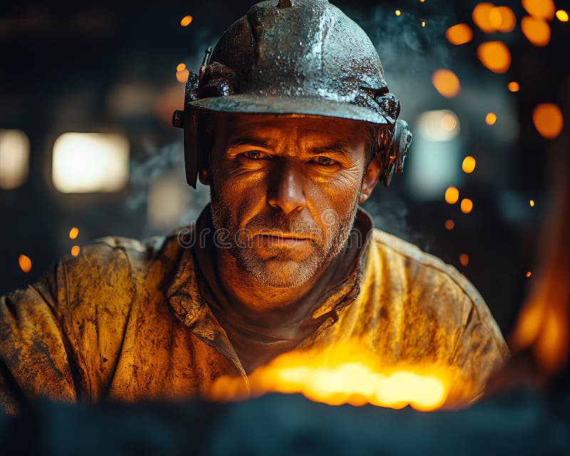 Glow of Molten Metal Illuminating Worker Face Shows Intense Focus and ...