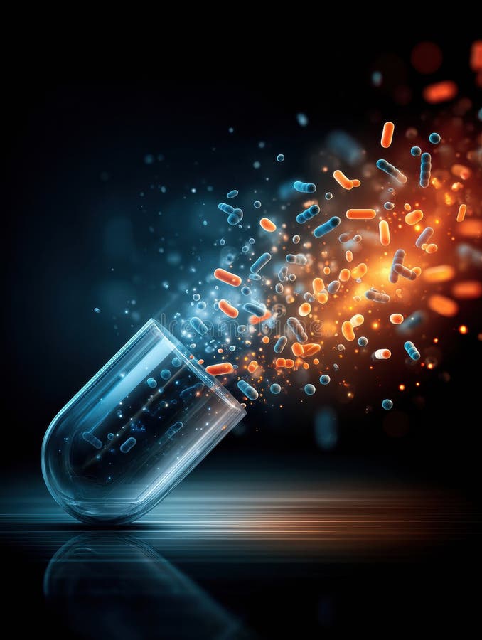 Glow of Resistant Microbes Emerging from a Split Open Pill Capsule in a ...