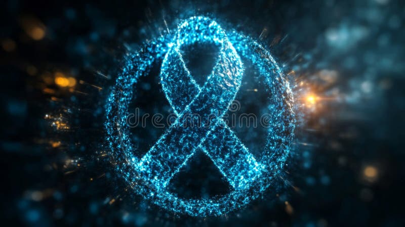 Glow Ribbon Symbol in Blue Circle with Sparkling Particles on Dark ...