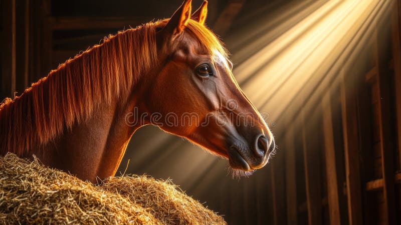 In the Glow of the Setting Sun, a Brown Horse Grazes on Hay Inside a ...