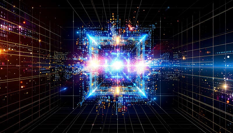 Glowing Abstract Cube Surrounded by a Data Grid and Light Particles ...