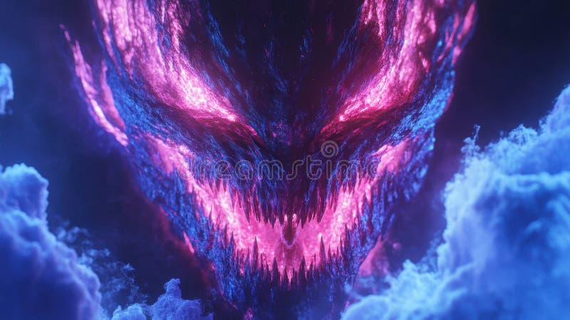 Glowing Abstract Monster Face in Dark Clouds Stock Illustration ...
