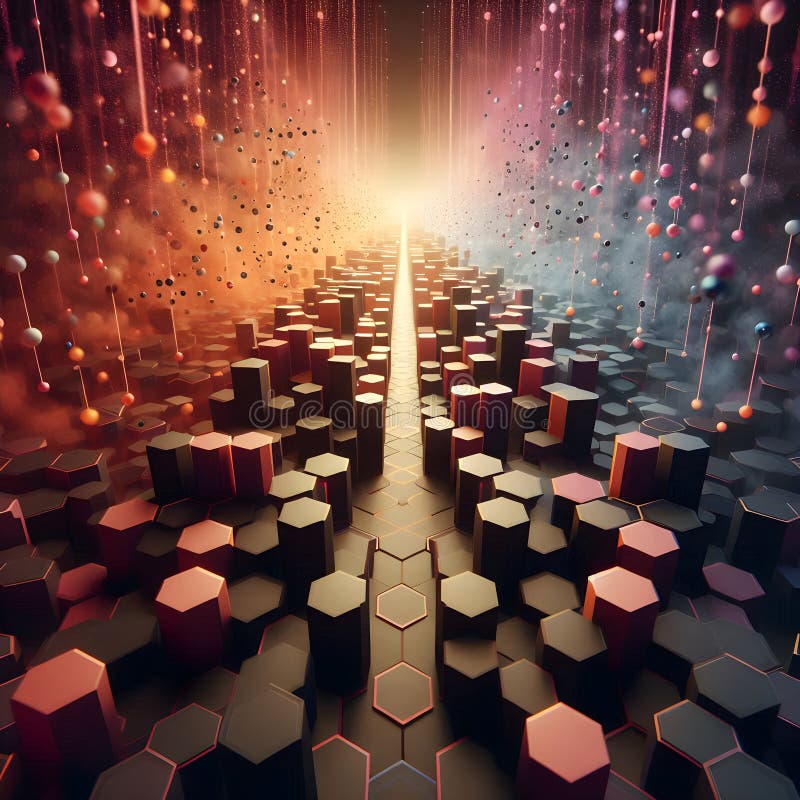 Glowing Abstract Path Cutting through a Field of Hexagons with Falling ...