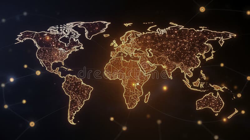 Glowing Abstract World Map with Network Lines, Representing Global ...