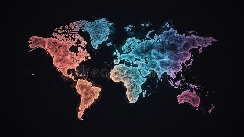 Glowing Abstract World Map with Vivid Colors and Electric Lines on ...