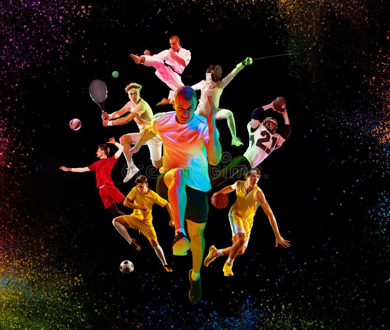 Glowing Action Collage with Athletes Captured Mid-motion in Neon Light ...