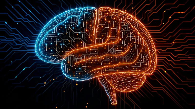 Glowing AI Brain Circuit in Blue and Orange – Seamless Loop Stock ...