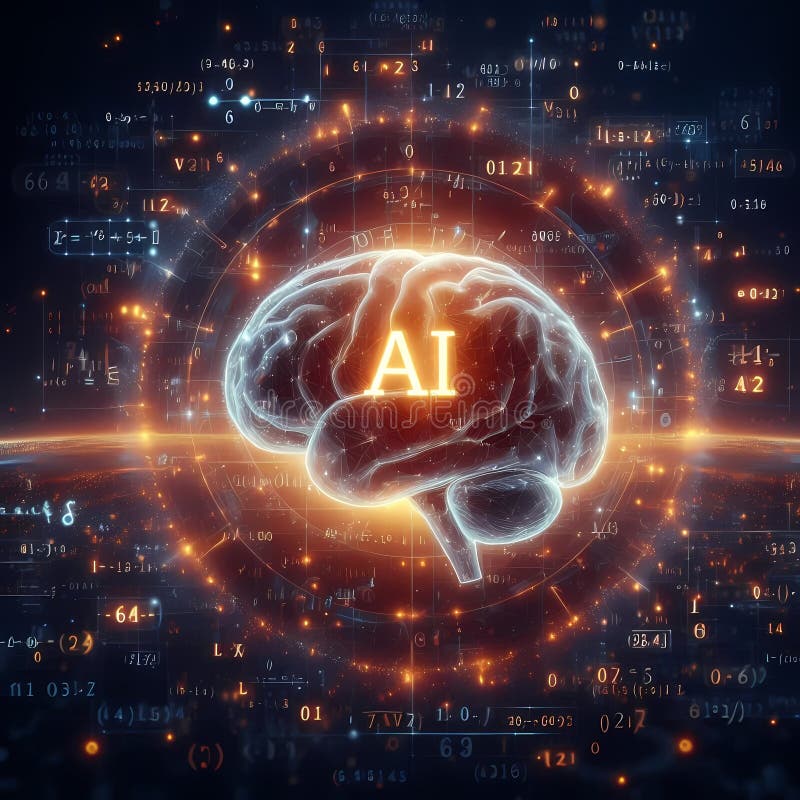 Glowing AI Brain with Floating Numbers and Formulas. Use in ...