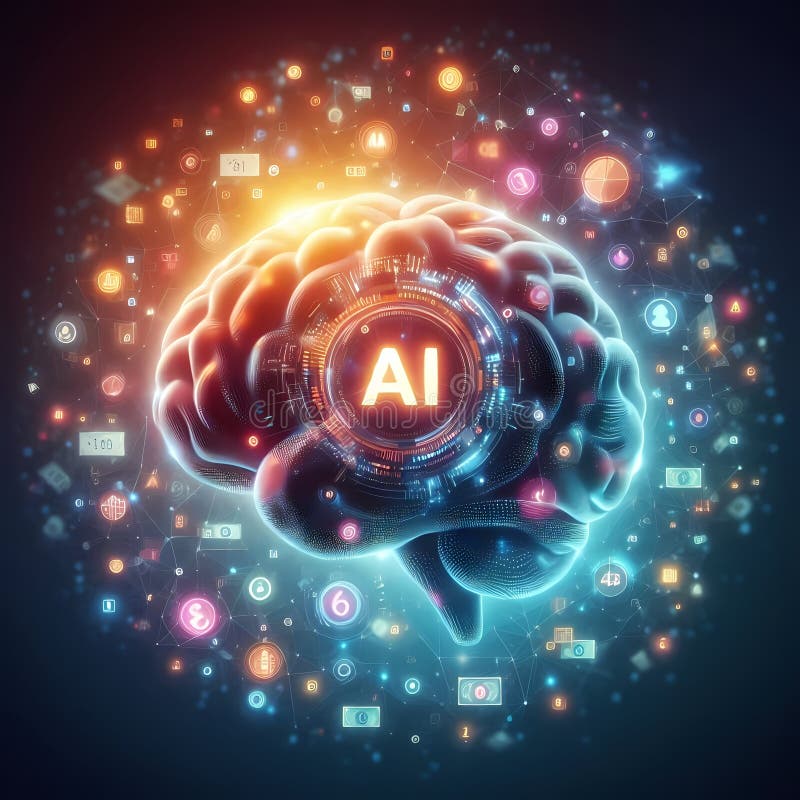 Glowing AI Brain with Floating Numbers and Formulas. Use in ...
