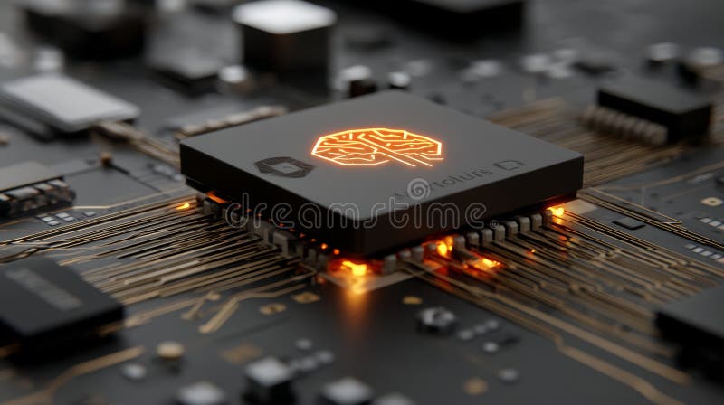 Glowing AI Chip on Circuit Board with Cybersecurity Elements in Network ...