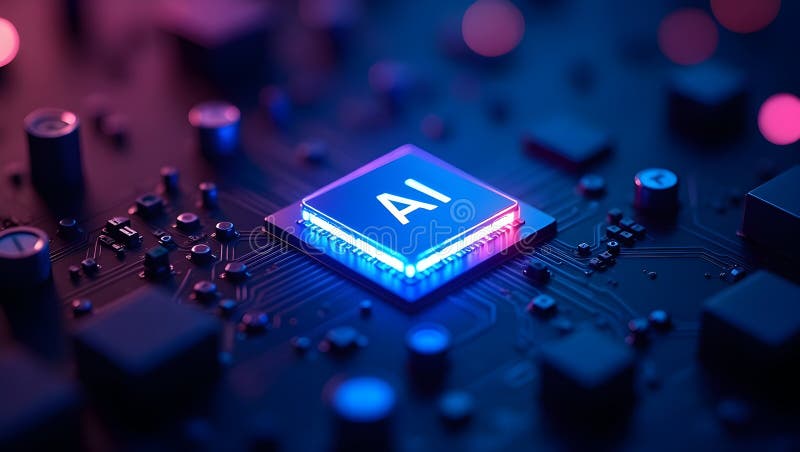 A Glowing AI Chip on a Circuit Board with a Futuristic Light Effect ...