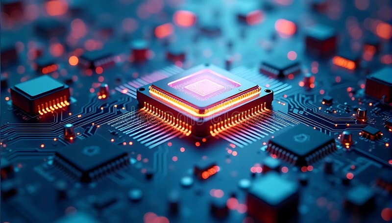A Glowing AI Chip Embedded within a Highly Detailed Futuristic Circuit ...