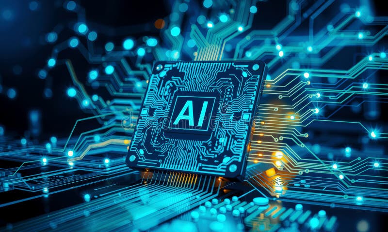 Glowing AI Chip is Integrated into Complex Circuit Board, Symbolizing ...