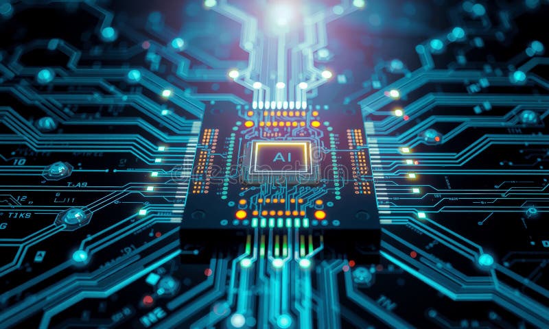 Glowing AI Chip is Integrated into Complex Circuit Board, Symbolizing ...