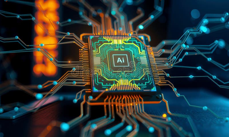 Glowing AI Chip Processor is Connected To Network of Circuits ...