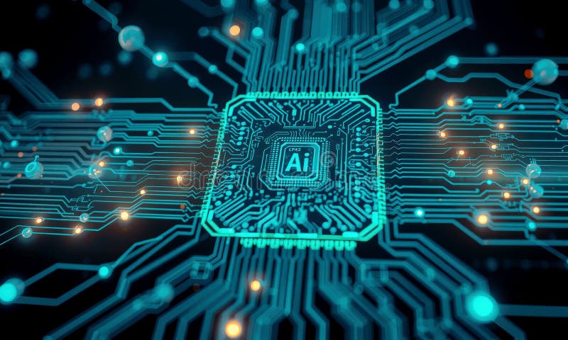 Glowing AI Chip Processor is Depicted with Intricate Circuit Lines ...
