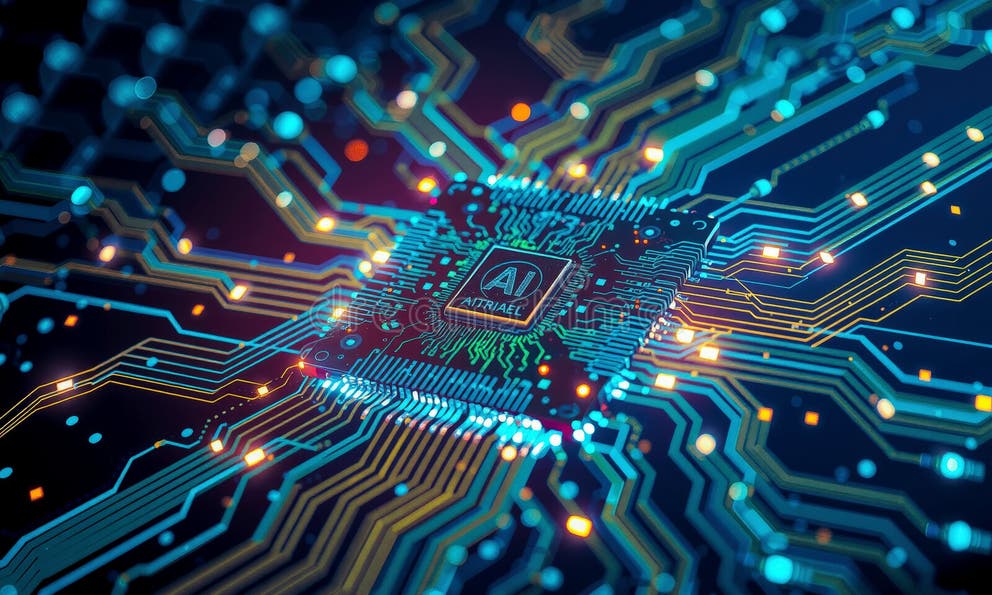 Glowing AI Chip Processor is Embedded in Circuit Board, Showcasing ...