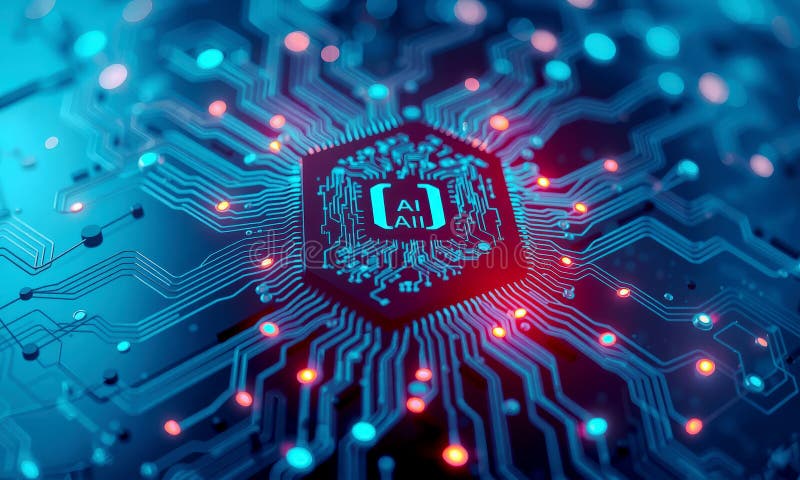 Glowing AI Chip Processor is Embedded in Complex Circuit Board ...