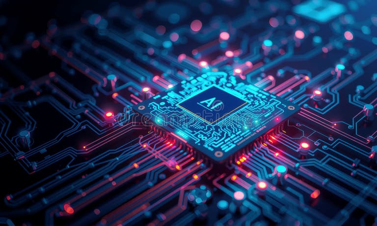 Glowing AI Chip Processor is Integrated into Complex Circuit Board ...
