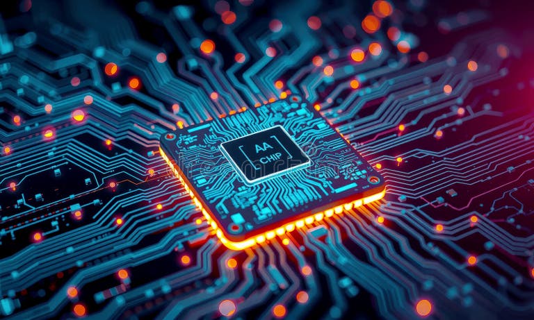 Glowing AI Chip Processor is Integrated into Complex Circuit Board ...