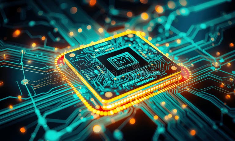 Glowing AI Chip Processor is Integrated into Complex Circuit Board ...