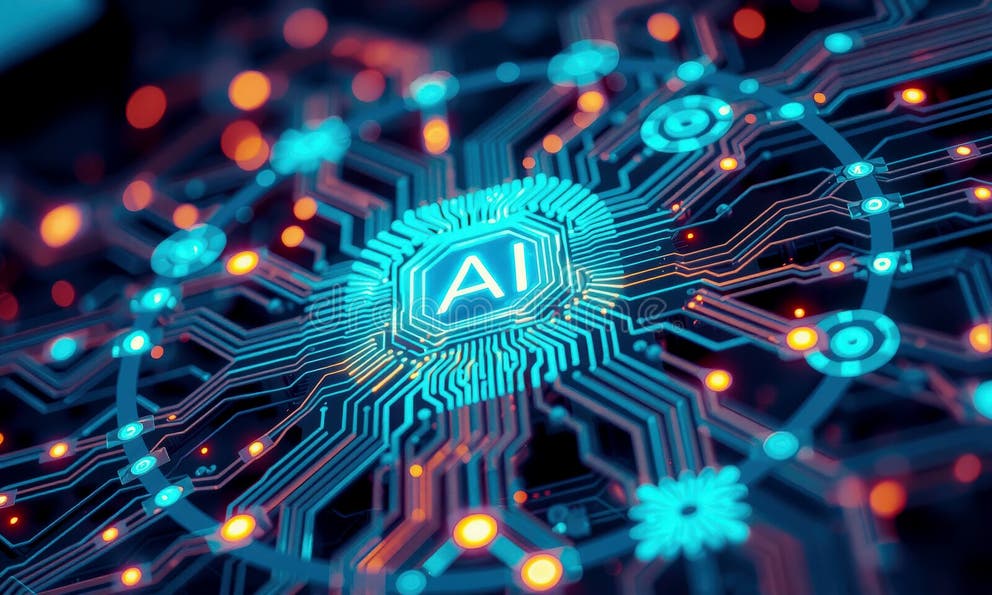 Glowing AI Chip Processor is Integrated into Complex Circuit Board ...