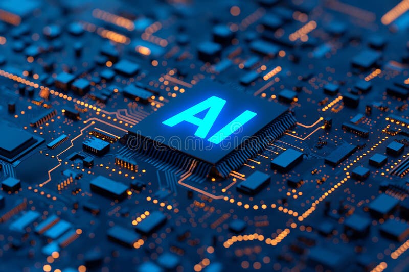 AI Chip on Circuit Board with Glowing Lights Stock Illustration ...