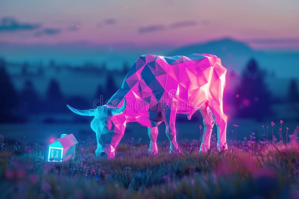 Glowing Ai Cow Made of 3d Triangular Polygons Stock Illustration ...