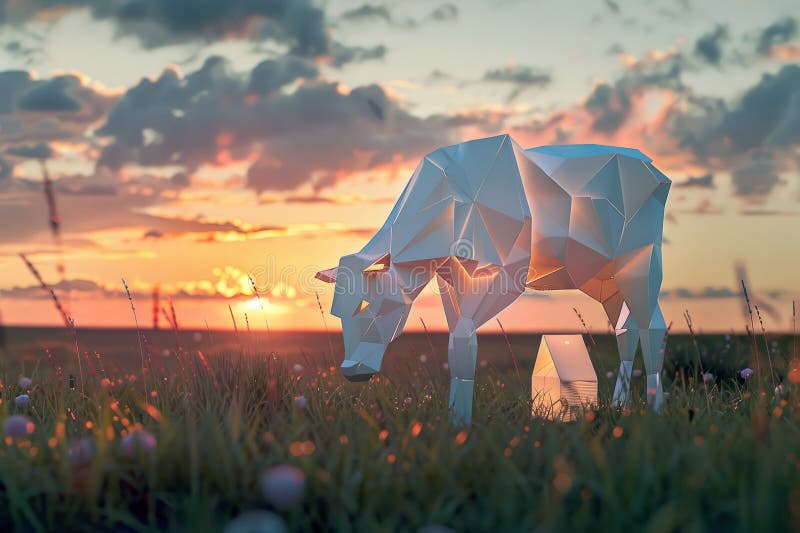 Glowing Ai Cow Made of 3d Triangular Polygons Stock Illustration ...