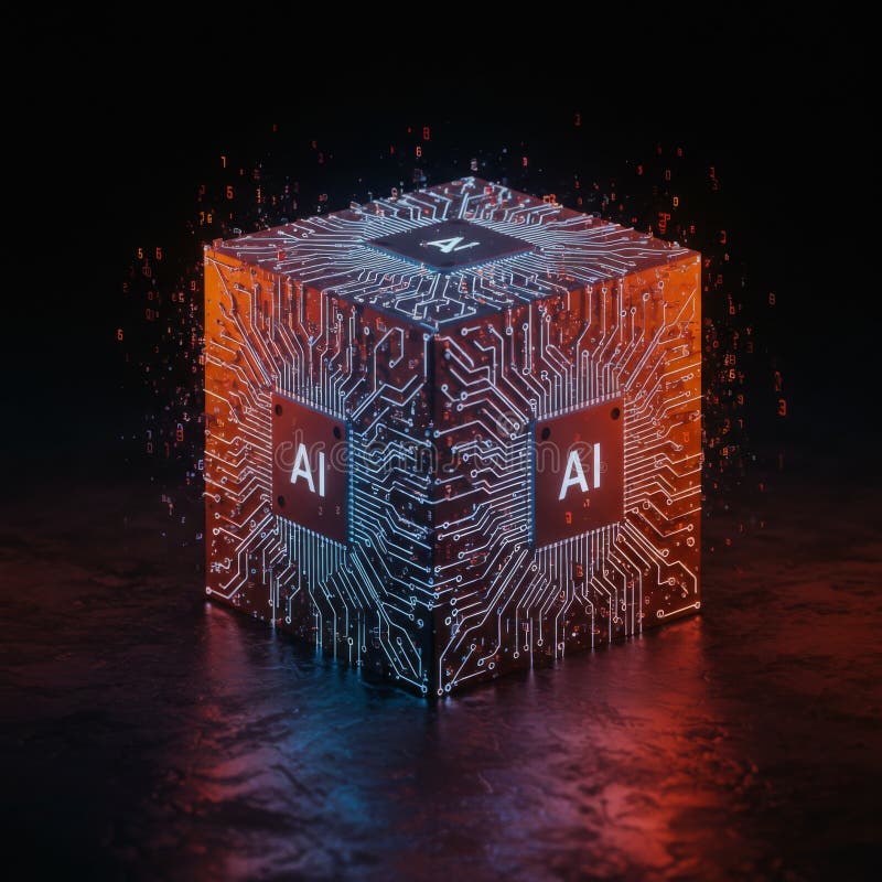 Glowing AI Cube with Circuit Board Design Stock Illustration ...