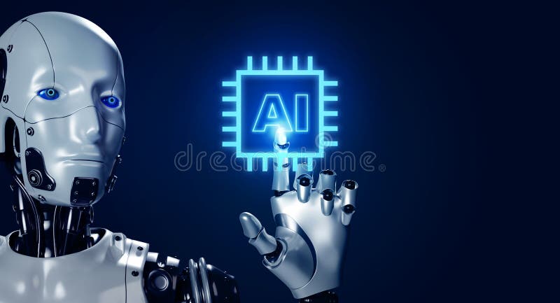 Glowing AI Digital Computer Chip Icon Pressing by 3d Rendering Robot ...