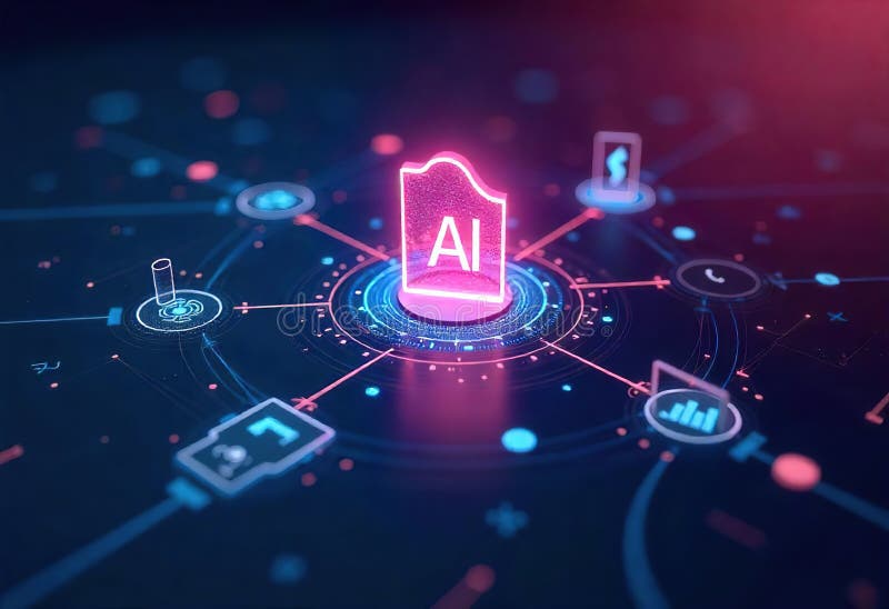 Glowing AI Icon with Tech Network, Connected Digital Interface, Blue ...