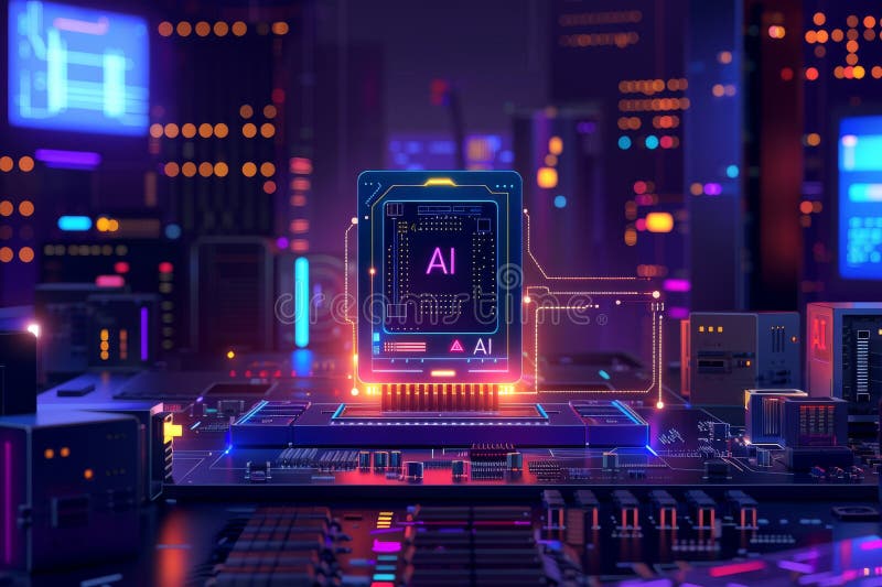 Glowing AI Microchip in a Cityscape, Illustrating the Presence of ... Glowing AI Microchip in a Cityscape, Illustrating the Presence of ...