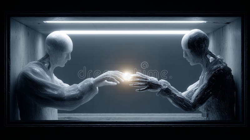 Glowing Ai Microchip Transfer between Two Ethereal Figures in ...