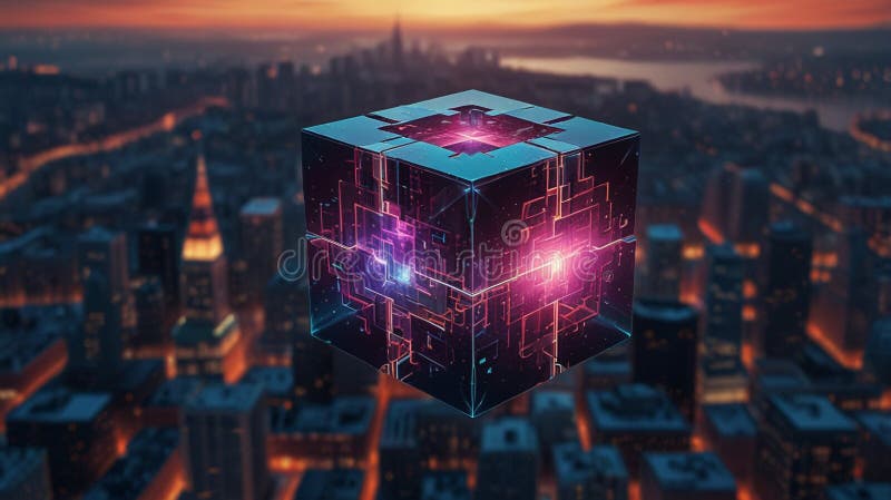 A Glowing AI-powered Cube Floating Above a City, Symbolizing ...