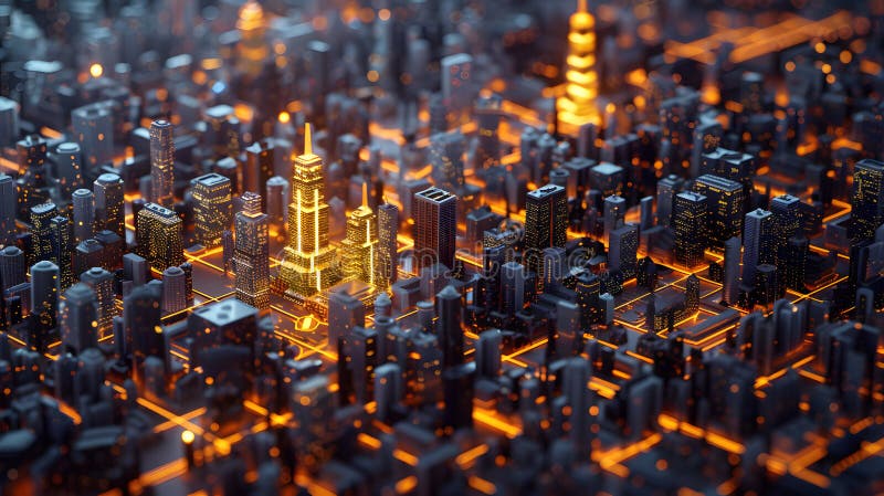 Glowing AI-powered Digital Twin of a City Symbolization. Stock ...