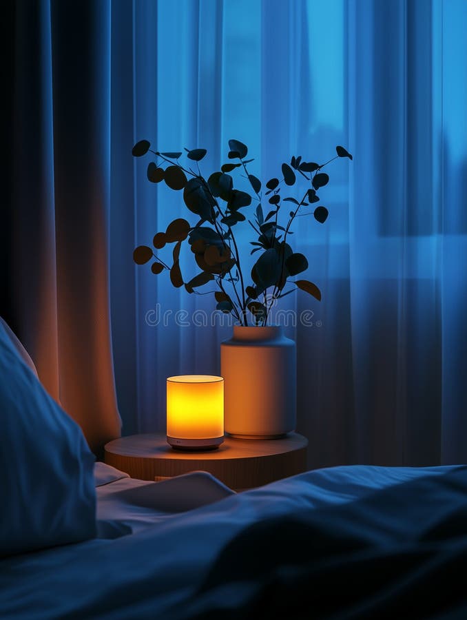 Glowing AI-powered Smart Assistant on Bedside Table in Cozy Evening ...