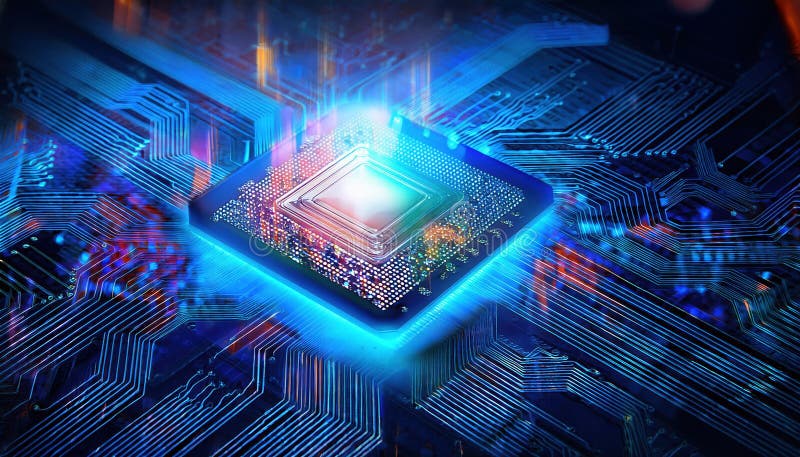 Glowing AI Processor Surrounded by Vibrant Holographic Circuits and ...