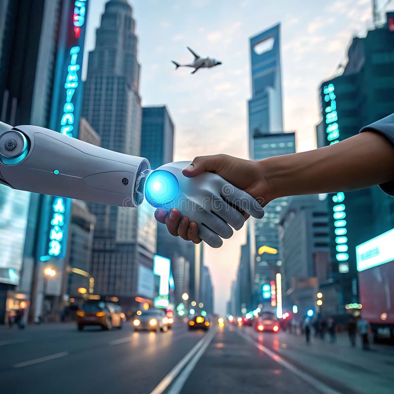 Glowing AI Robot Hand Shaking Hands with a Human Stock Illustration ...