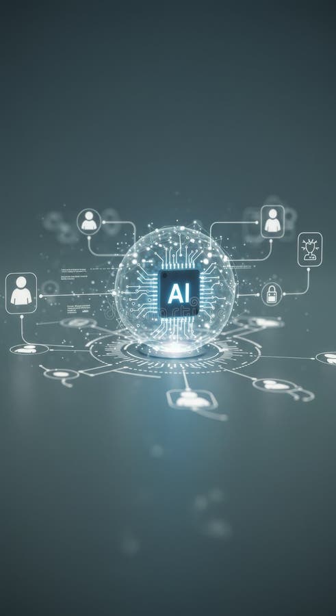 Glowing AI Sphere with Digital Network Connections Stock Illustration ...