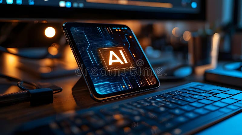 Glowing AI Voice Generator Logo Displayed on Digital Workspace Setup ...