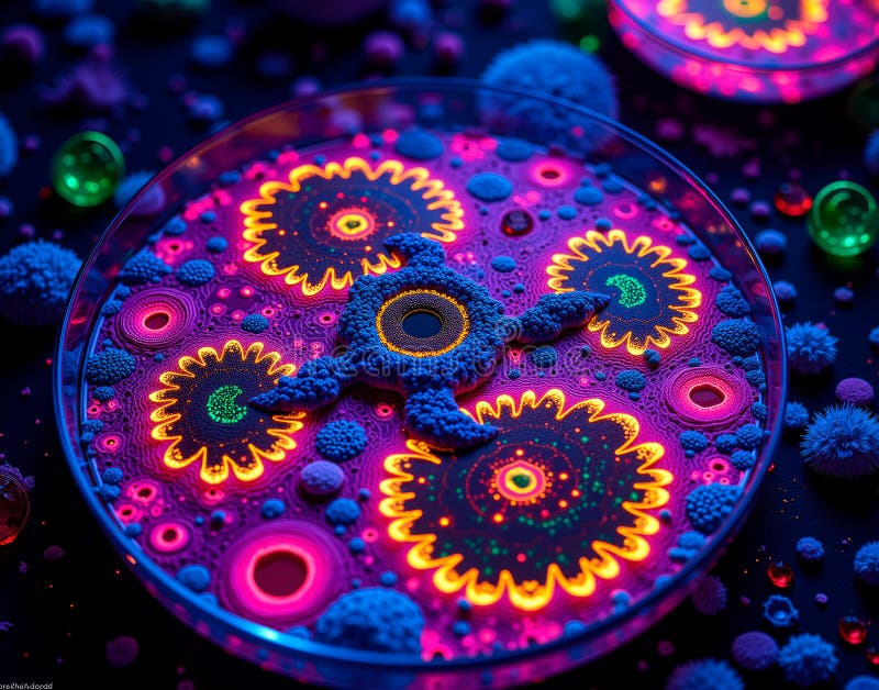 Glowing Algae Bloom Fractals in a Biotech Lab Petri Dish, Creating Neon ...