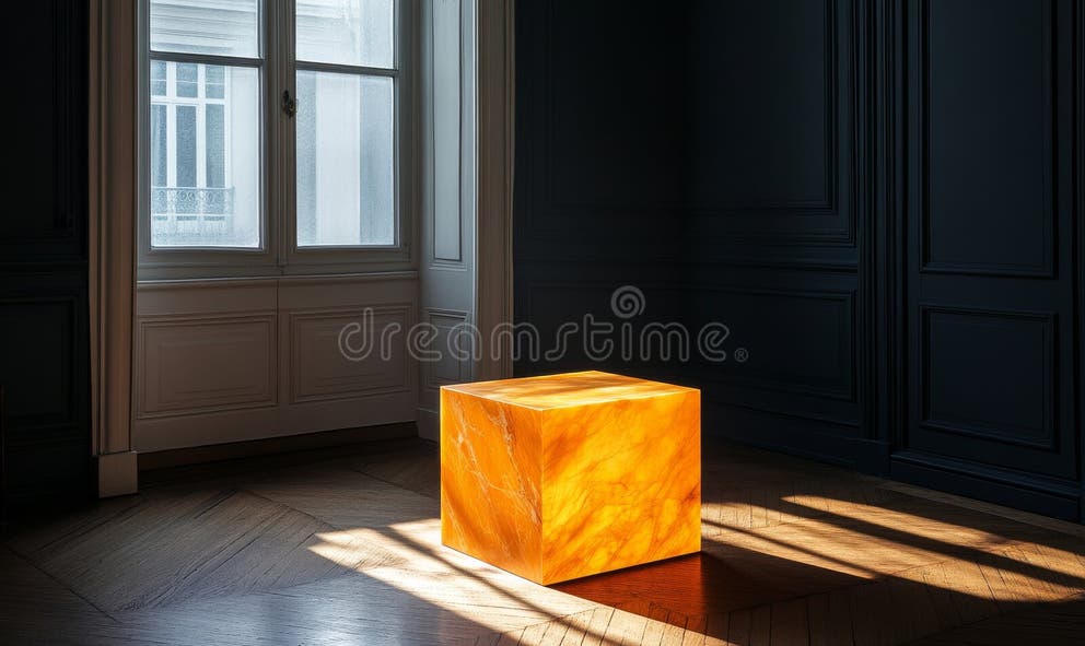 A Glowing Amber Block with a Textured Surface Rests on the Floor Stock ...