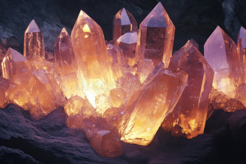 Glowing Amber Crystals Cluster in Dark Rock Stock Photo - Image of ...