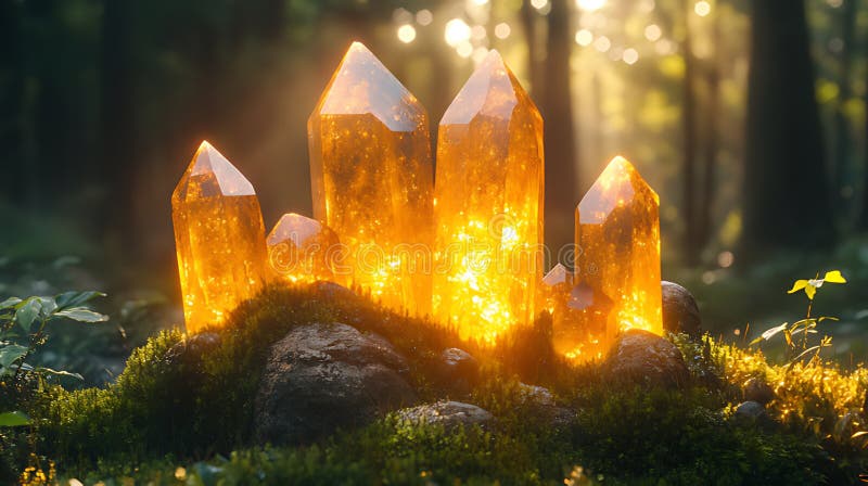 Glowing Amber Crystals Cluster on Mossy Forest Rocks at Sunrise Stock ...