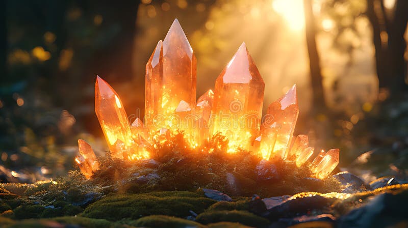 Glowing Amber Crystals Cluster in Mossy Forest at Sunset Stock ...