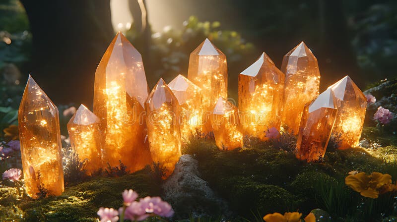 Glowing Amber Crystals Cluster on Mossy Ground in Enchanted Forest ...
