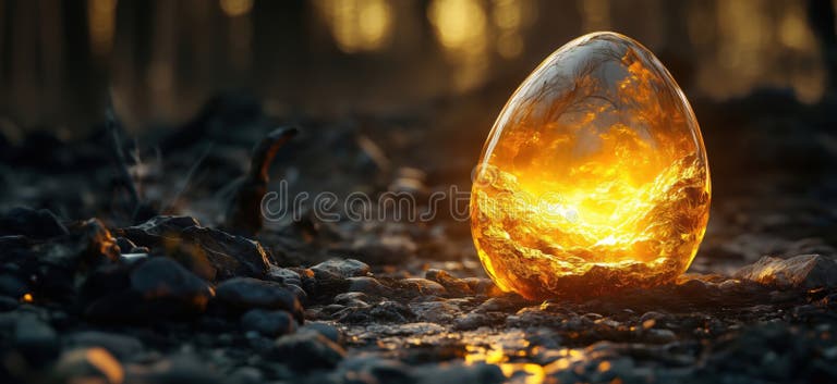 Glowing Amber Egg Illuminated by Sunset in Mystical Forest Setting ...