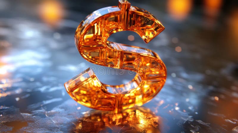 Glowing Amber Glass Dollar Sign on Reflective Surface Stock ...